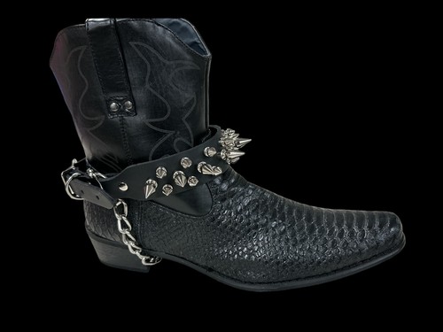 Pair of Spike Boot Strap 3 Row Genuine Leather Straps Punk Goth Western ...