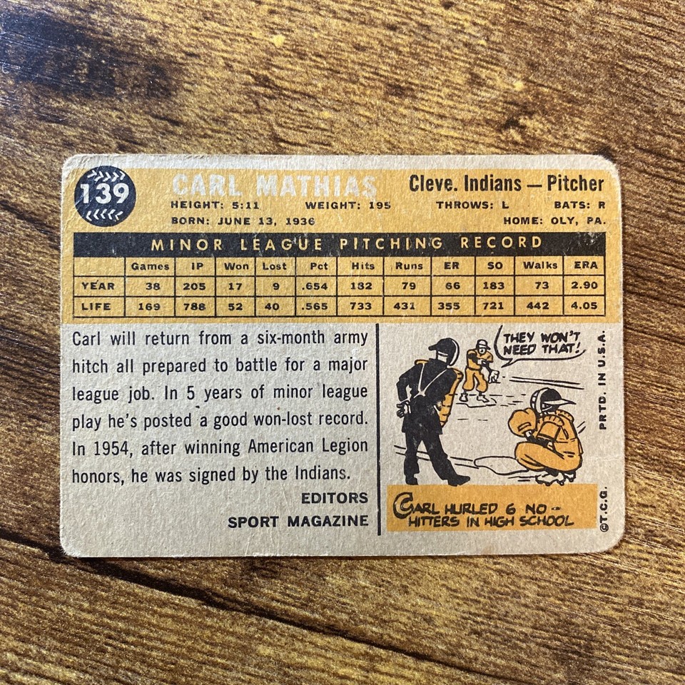 1960 Topps Baseball #139 Carl Mathias RC Cleveland Indians Vintage Card ...