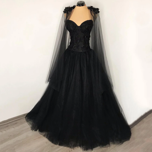 Black Wedding Dresses with Cape Gothic Spaghetti Straps A Line Bridal ...