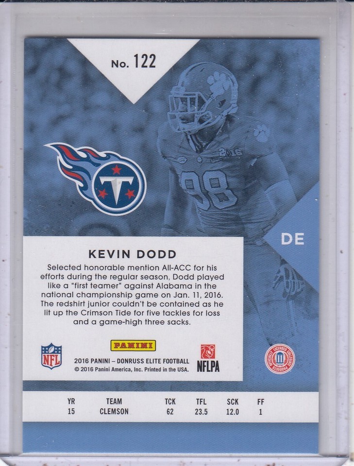 KEVIN DODD 2016 Panini Donruss Elite Black #122 RC 140/199 Clemson ...