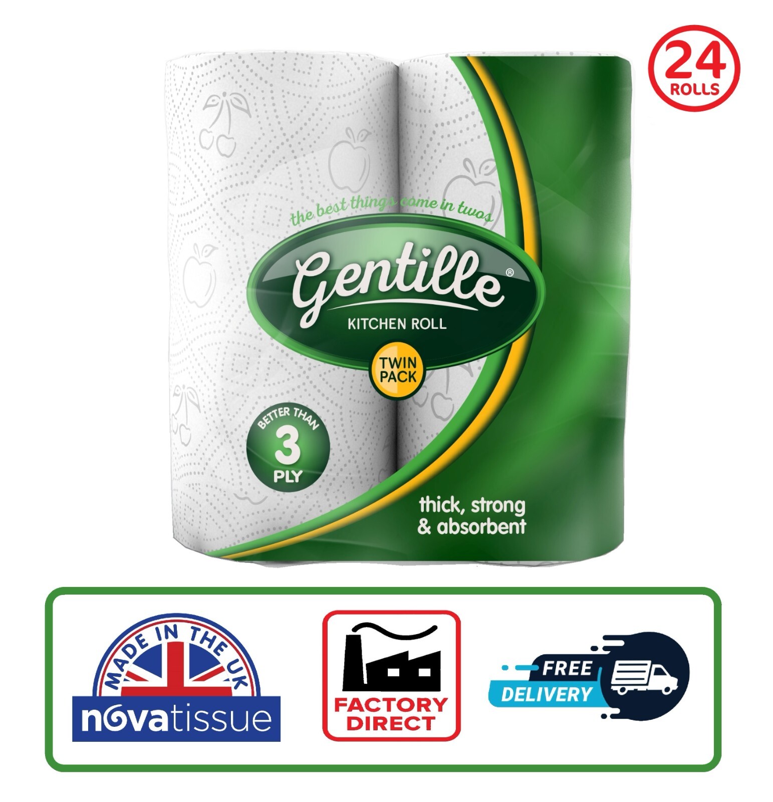 24 Gentille Twin, 3PLY Kitchen Roll Towel Paper Rolls, Extra Thick ...