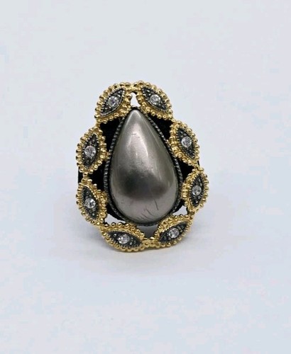 Monet COCKTAIL RING Gray Faux Pearl Two tone Gold Gun Metal RARE size 7 ...