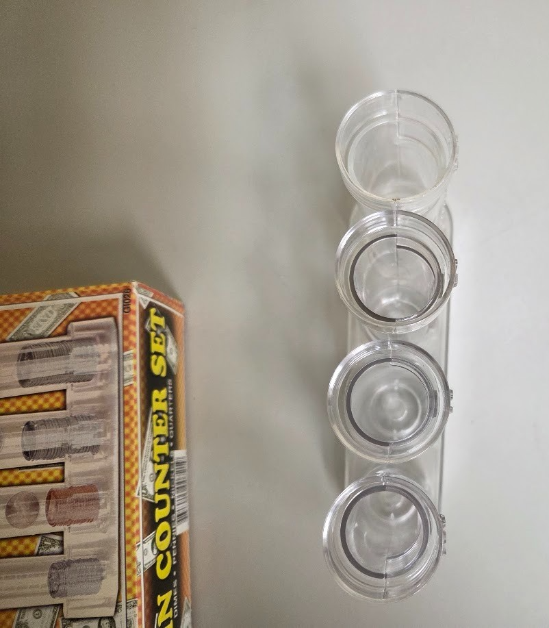 Vintage NIB Coin Counter Set, Clear Acrylic Coin Roller Sorter Tubes w ...