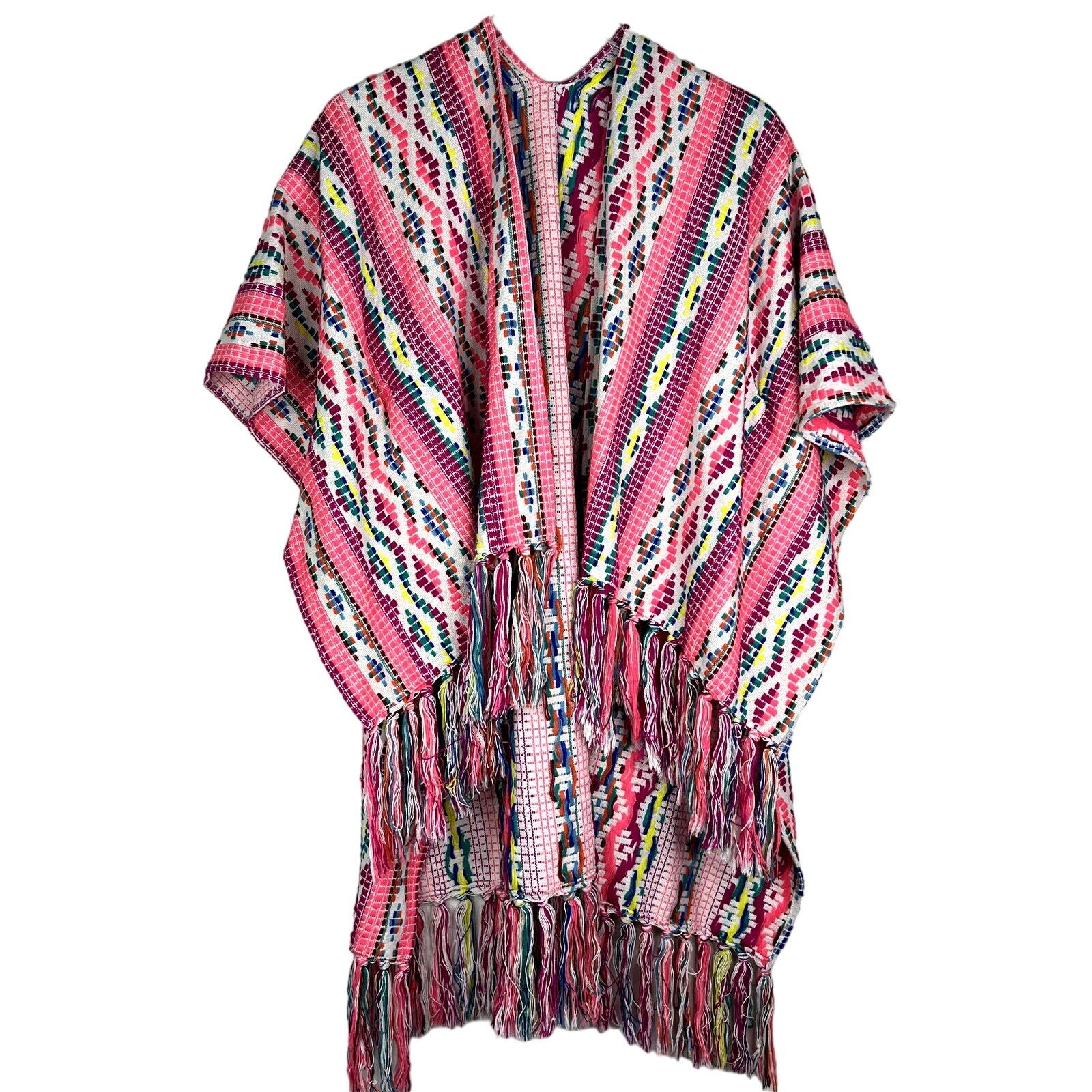 Hi-Lo Poncho Cape Aztec Woven Pattern Fringe Pink Mul… - Gem