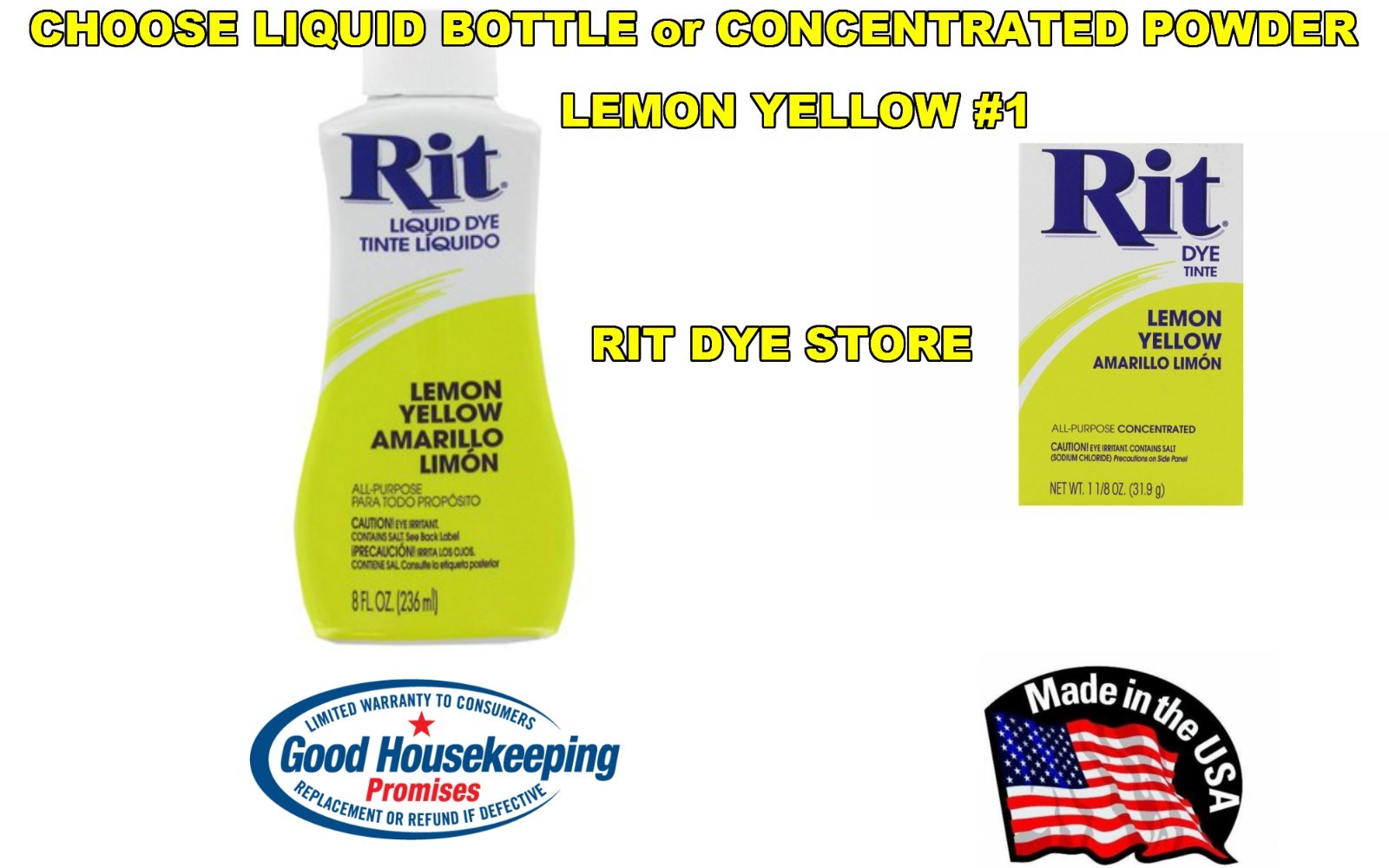 LEMON YELLOW #1 RIT Fabric DYE choose Liquid Bottle OR Powder ...