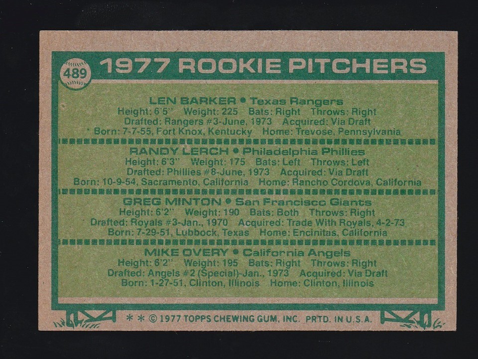 1977 Topps #489 LEN BARKER, LERCH, GREG MINTON & OVERY RC RCC Rookie ...