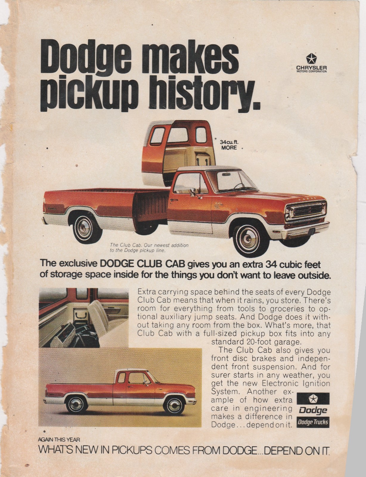 Original 1973 Dodge Club Cab Pickup Magazine Ad "Dodge Makes Pickup ...