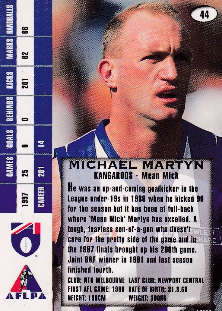 AFL 1998 Select North Melbourne - Michael Martyn Card No.44 | eBay Australia