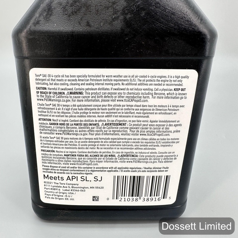 Toro SAE 30 Premium Engine Oil 4-Cycle 18 Oz Warm Weather Zinc Additive ...