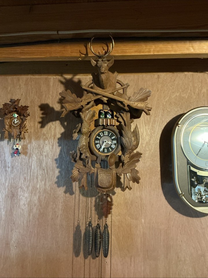 LARGE Germany Black Forest,hunter Cuckoo Clock,3 Weight Working Keeps ...