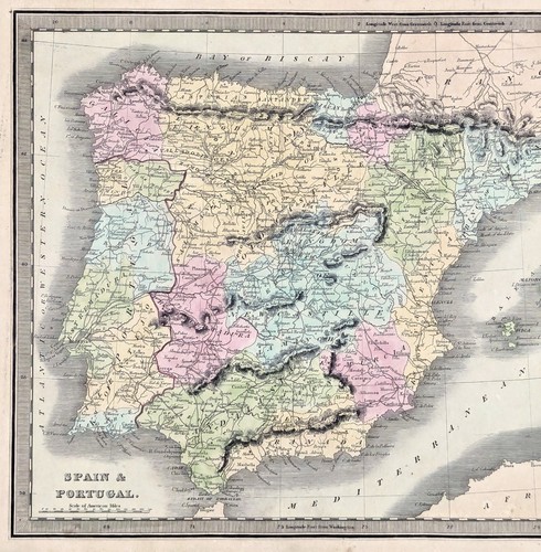 1848 SPAIN - PORTUGAL Map ORIGINAL Jeremiah Greenleaf (12x10) MADRID ...