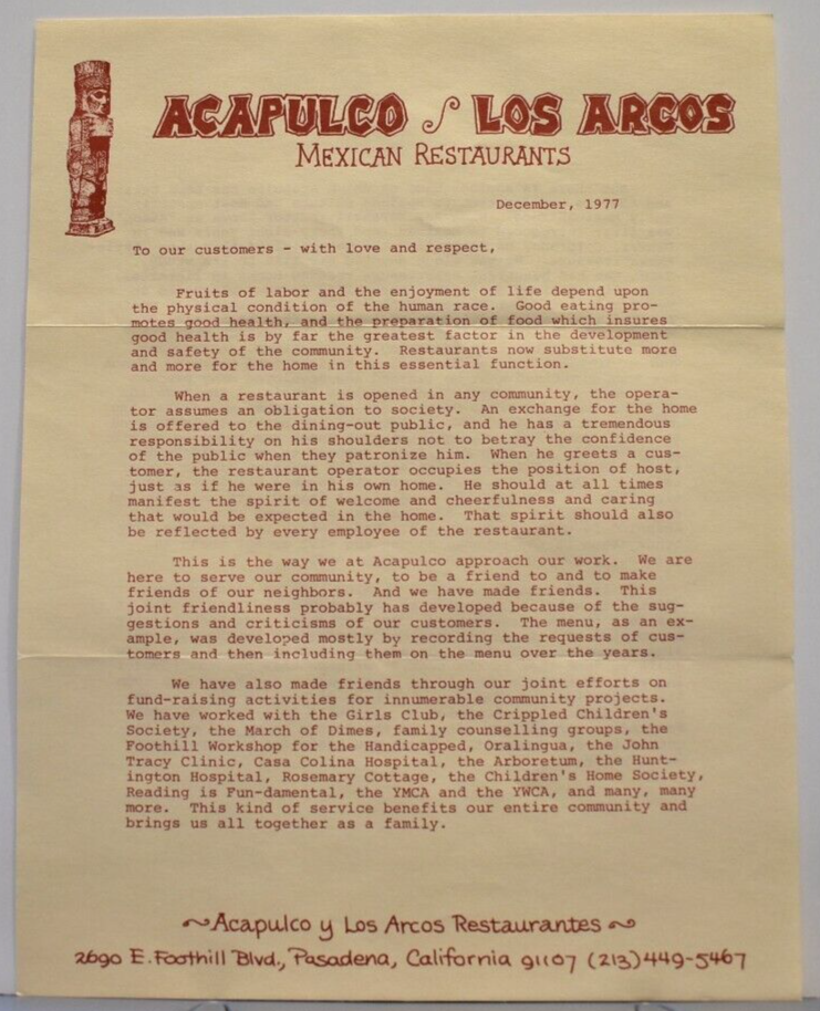 1978 Acapulco y Los Arcos Mexican Restaurant Flyer Anaheim Long Beach ...