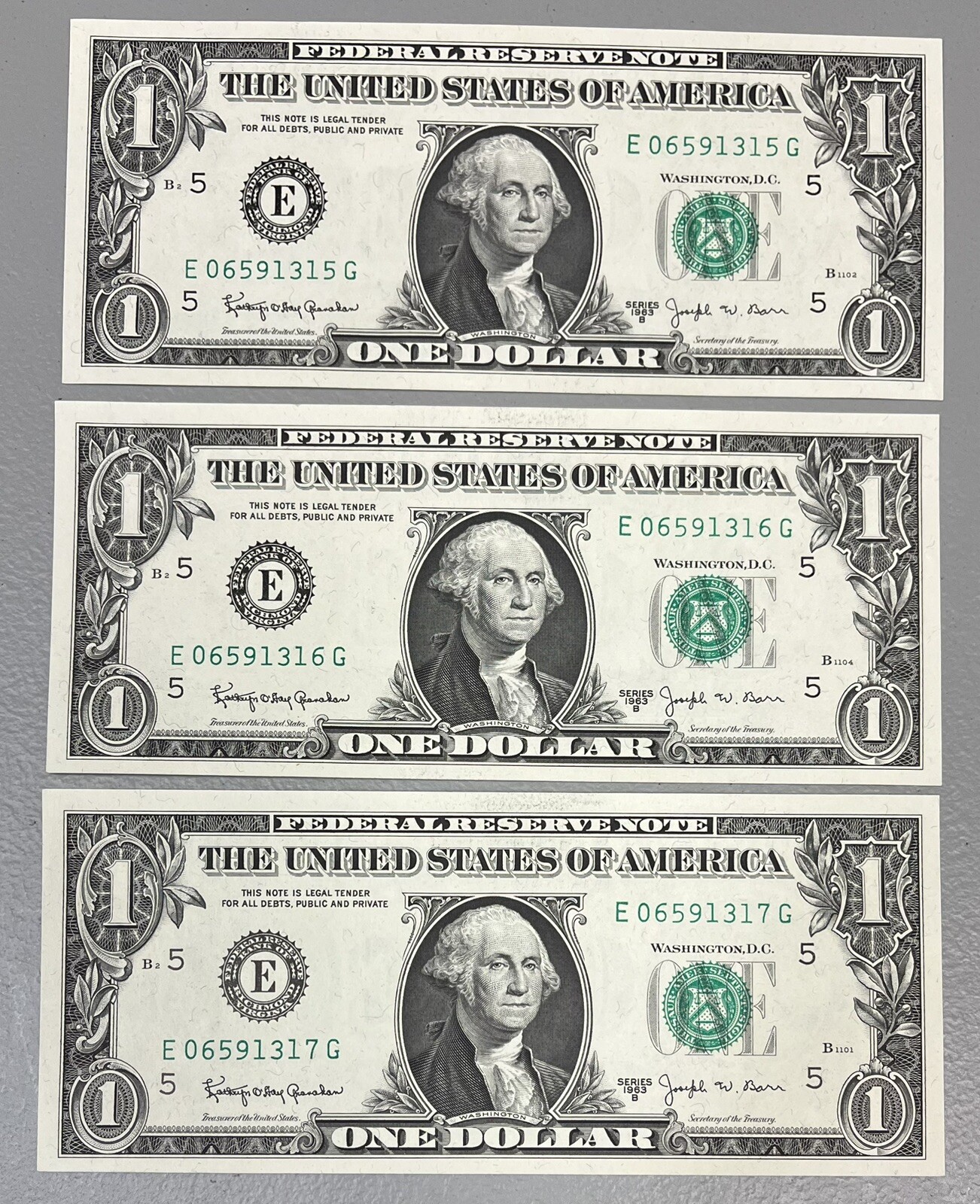 3 Consecutive 1963 B One Dollar Bills BARR NOTEs $1 UNCIRCULATED #60095 ...