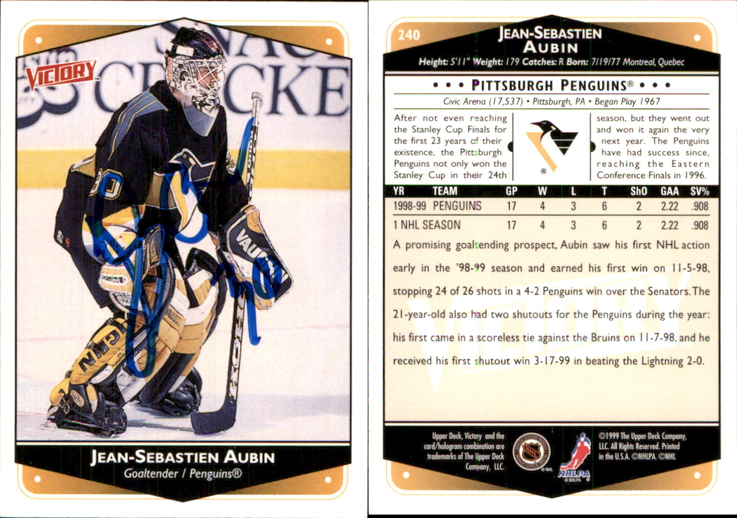 Jean-Sebastien Aubin Signed 1999-00 UD Victory #240 AU Pittsburgh ...