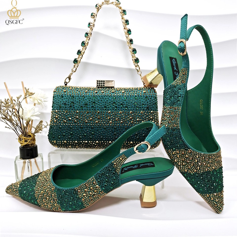 2025 Elegant Heel Shoes and Bag Sets Hollow Rhinestones Wedges Shoe ...