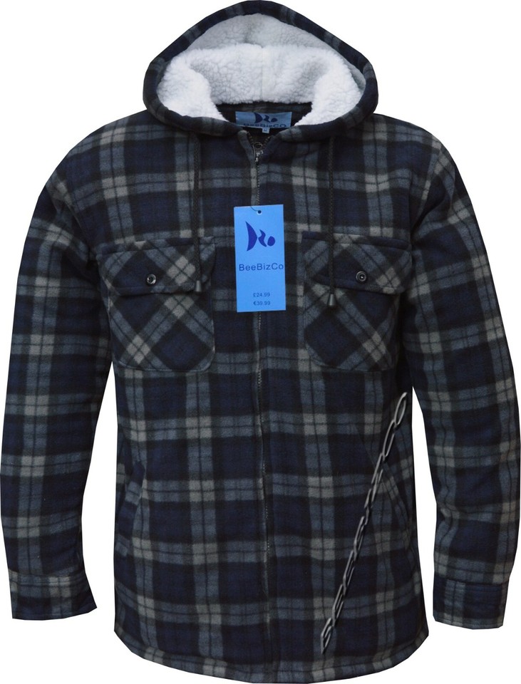 Hooded Fleece Padded Lumberjack Shirt Jacket Fur Lined Sherpa Winter ...