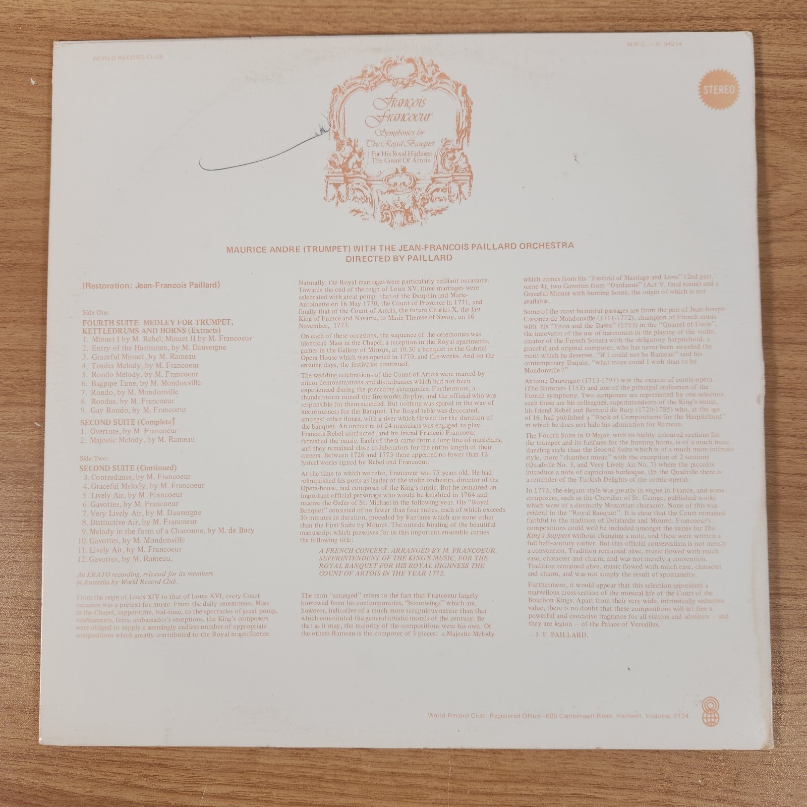 François Francœur Symphonies For The Royal Banquet R 04214 LP RECORD ...