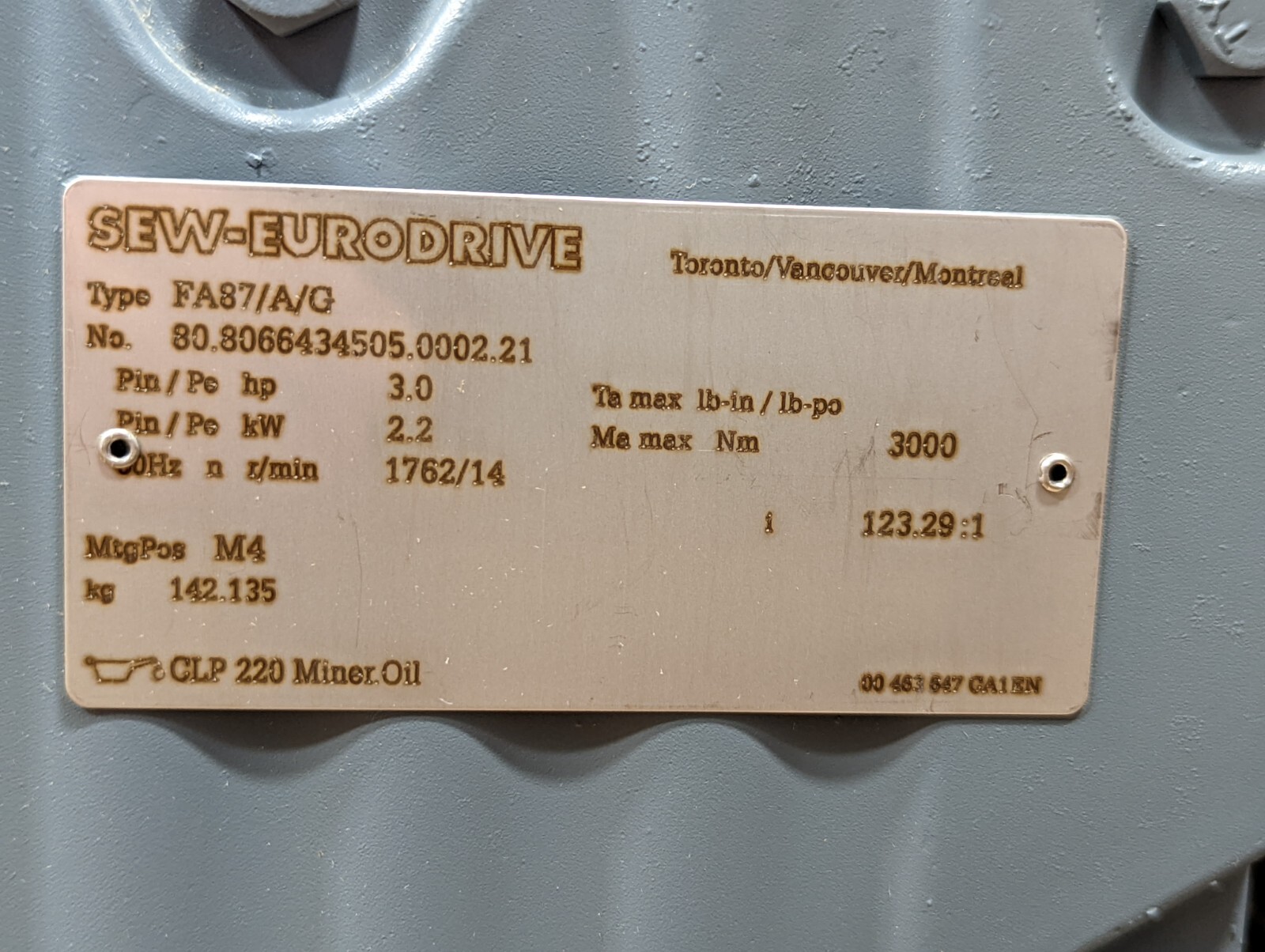 SEW eurodrive gear motor FA87/G DRN100LM4/BE5HR/TH | eBay