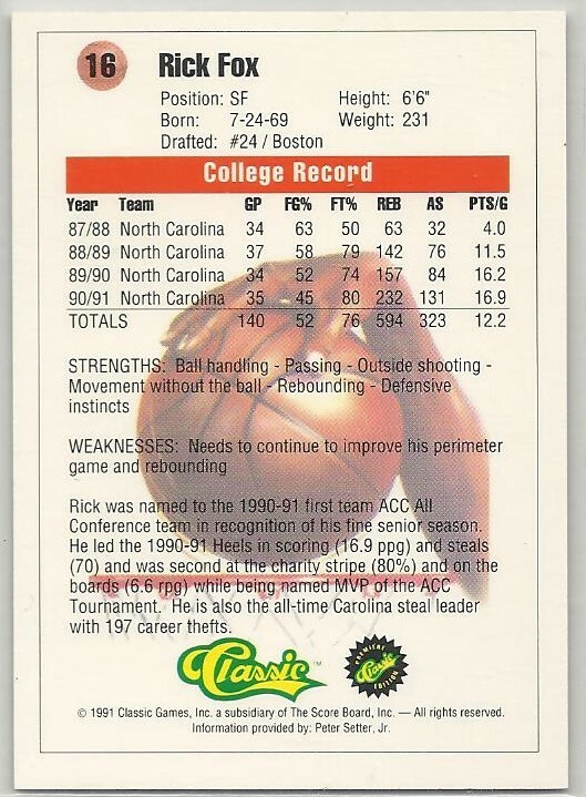 RICK FOX autographed 1991 Classic Draft Picks Basketball Card, Boston ...