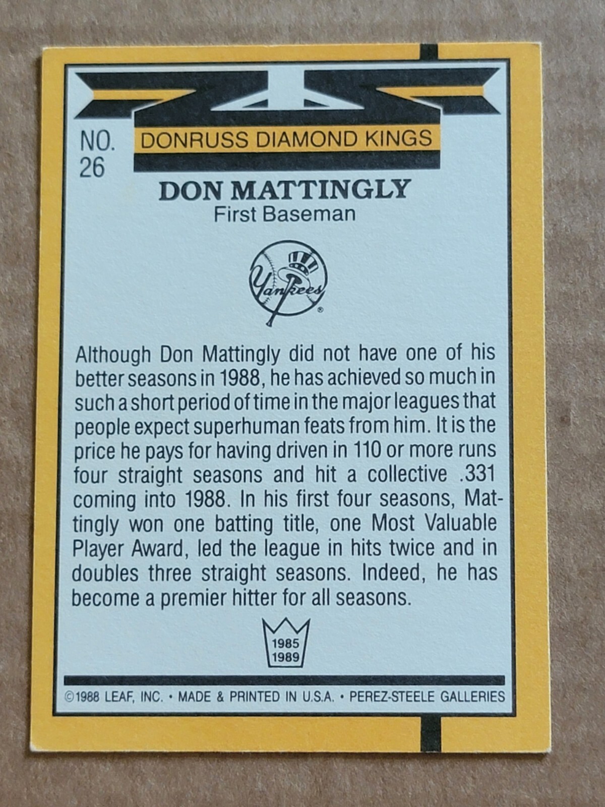 Don Mattingly 1988 Donruss Diamond Kings Baseball Card #26 | eBay