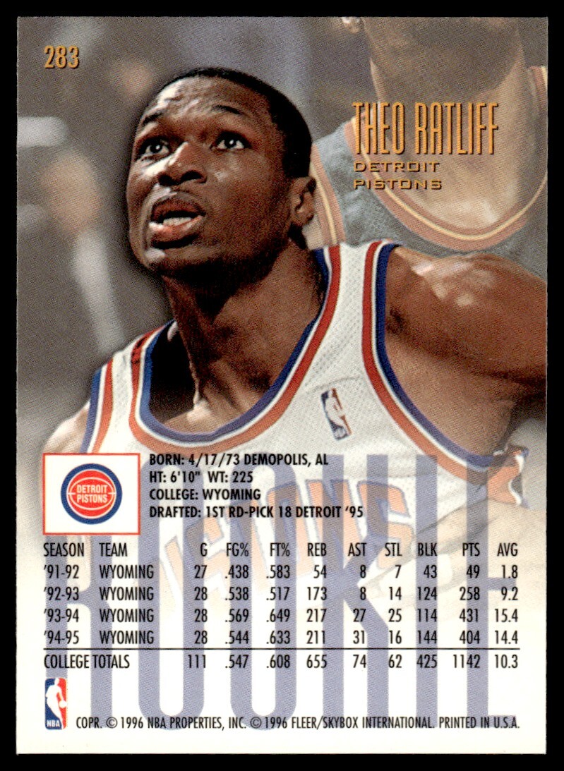 1995-96 Ultra Basketball Card Theo Ratliff Rookie Detroit Pistons #283 ...