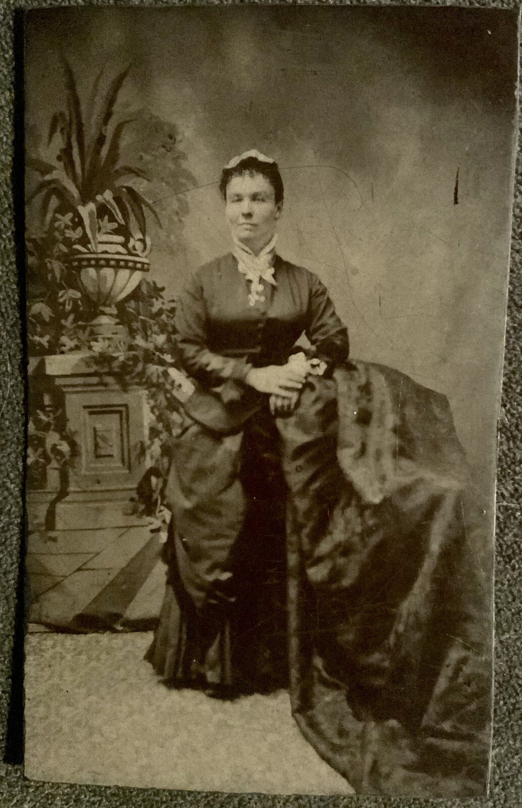 Antique tintype photo portrait smirking lady woman studio high button ...