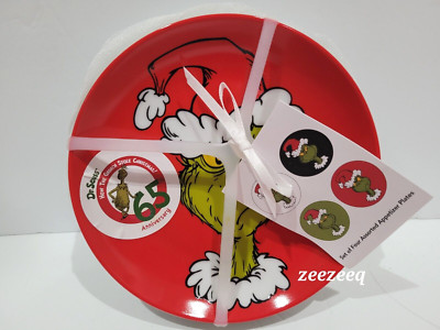 Set of 4 Dr Seuss Grinch Appetizer Plates Dishes Christmas Red Green | eBay