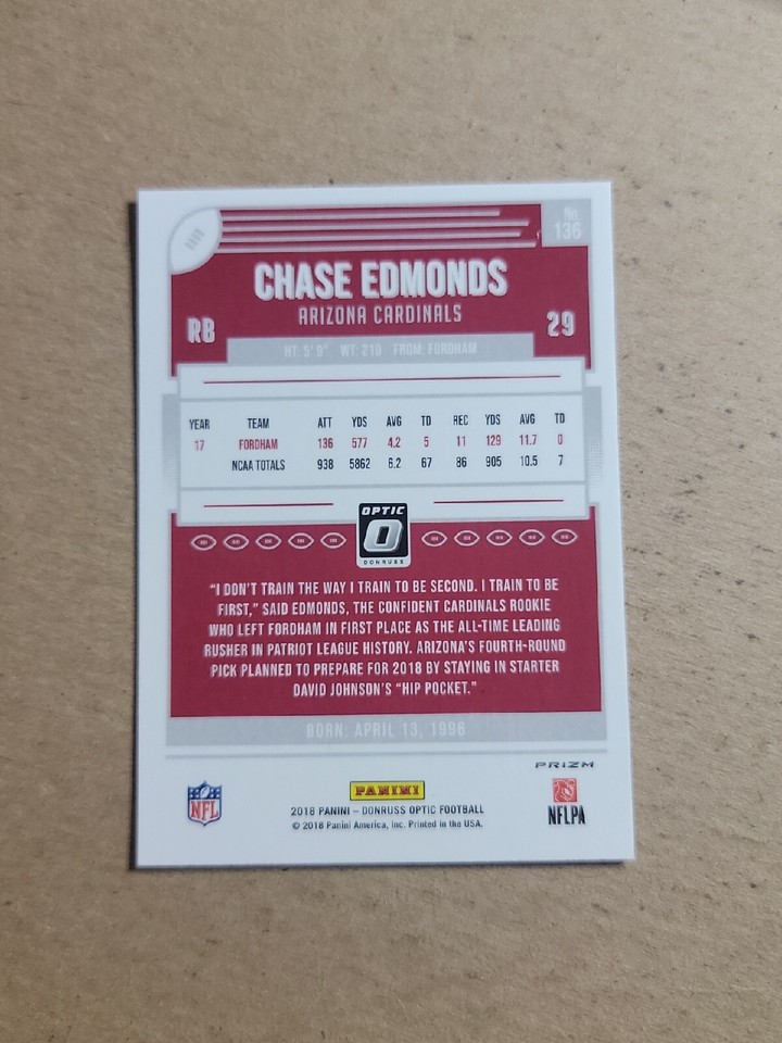 2018 Chase Edmonds - Donruss Optic Red & Yellow Rookie RC #136 | eBay
