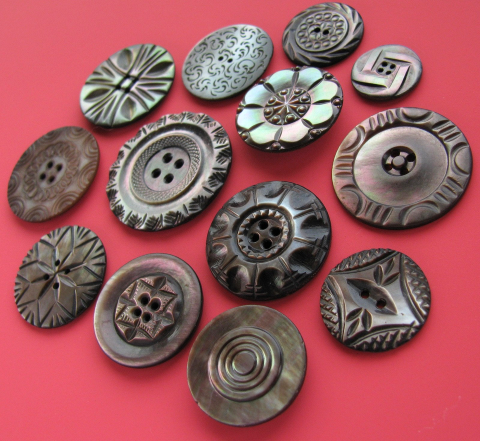 Striking Vintage Antique Carved Smoky Shell Buttons Lot of 13 Different ...