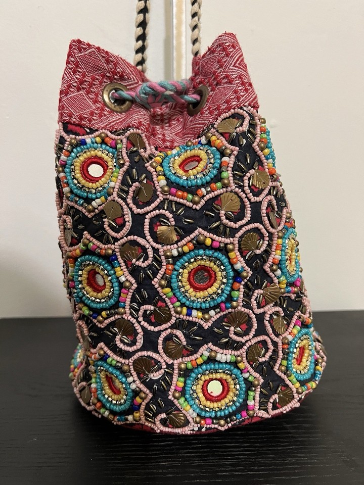 Handmade Beaded Drawstring Boho Bag with Colorful Embroidery | eBay