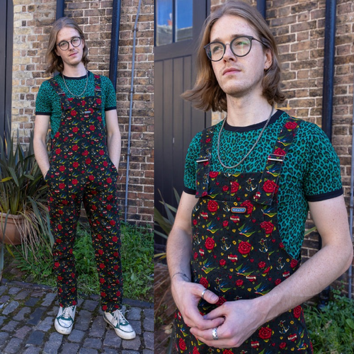 RUN AND FLY Retro Tattoo Print Stretch Twill Cotton Dungarees Unisex ...