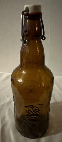 Vintage Fischer Amber Glass Bottle w/ Wire Bail And Ceramic Stopper | eBay