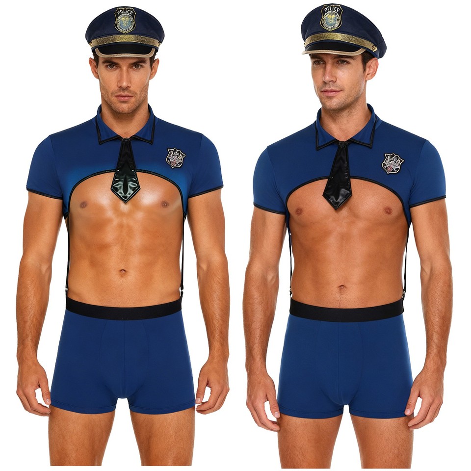 Men Set 3 Pcs Outfit Policeman Uniform Showing Chest Muscle Costumes ...