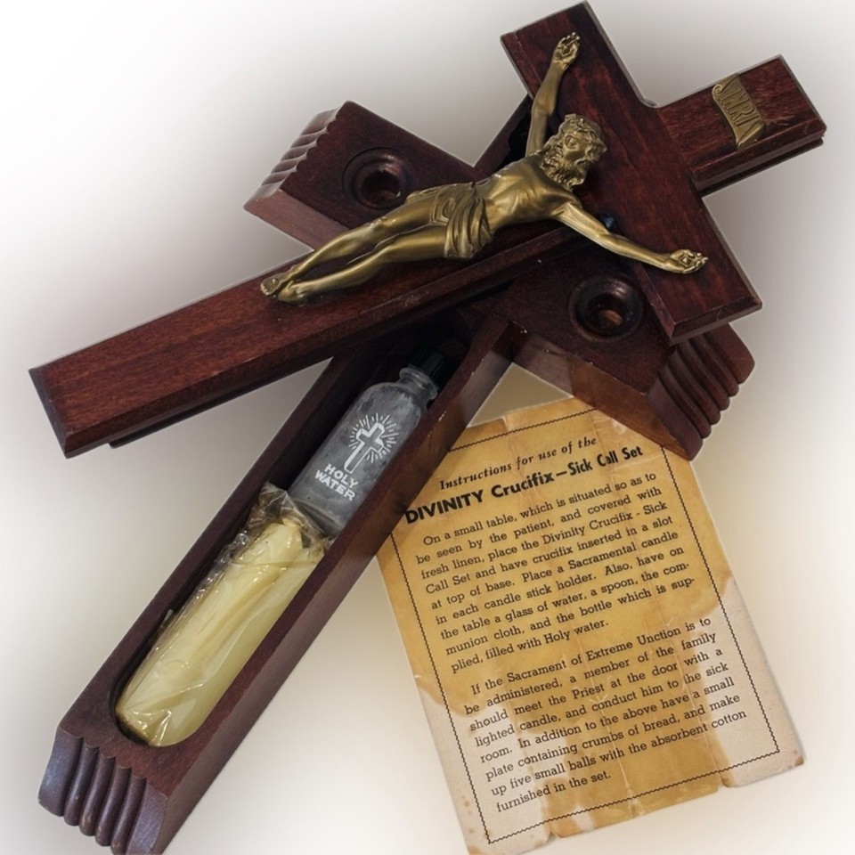 DIVINITY Crucifix Sick Call Set JESUS HEAL Wood Cross Original Antique ...