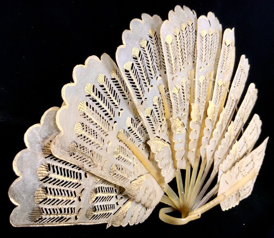 Antique Lady’s Fan Pierced Vellum Gold “Monture” Gilded Gold Dutch ...
