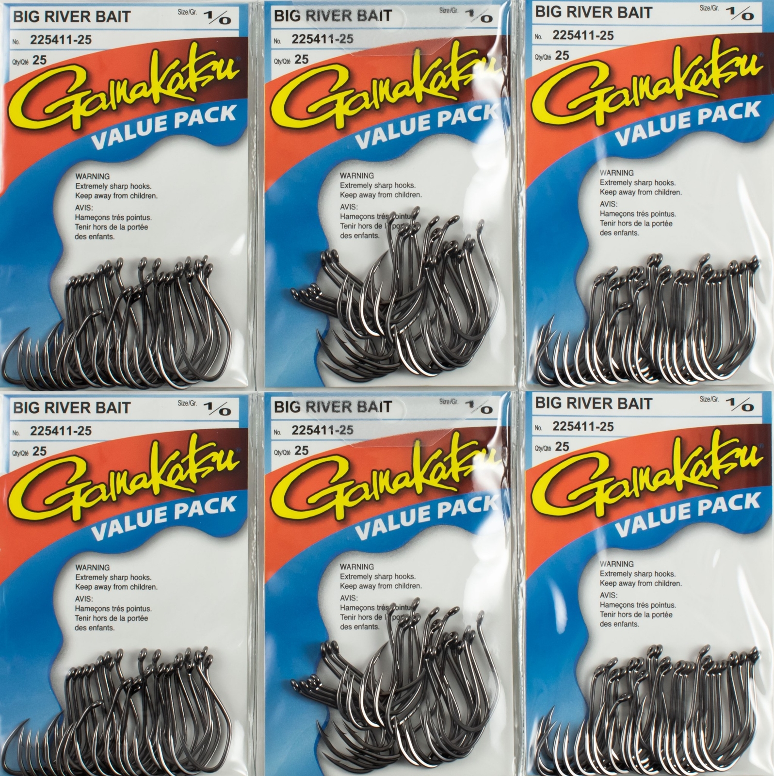 (LOT OF 6) GAMAKATSU BIG RIVER BAIT NS BLACK HOOK 1/0 225411-25 K3360 ...