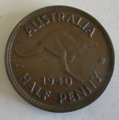 1940 - Australian Halfpenny Coin - Kangaroo and King George VI ...