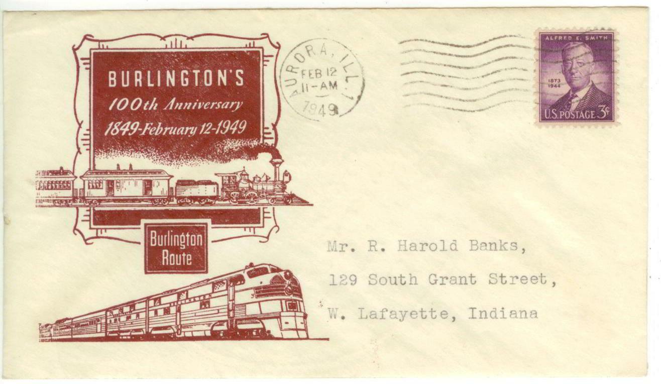 1949 Burlington Route Railroad 100th Anv Feb 12 Aurora Illinois 3ct ...