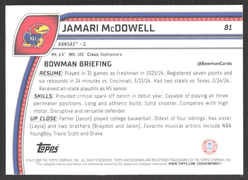 Jamari McDowell 2024-25 Bowman University Chrome Black Wave Refractor ...