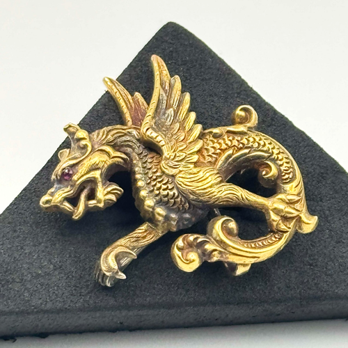 Vtg 14K Gold Dragon Pin w Ruby Eye, Winged Mythical Beast Brooch 4.6g ...
