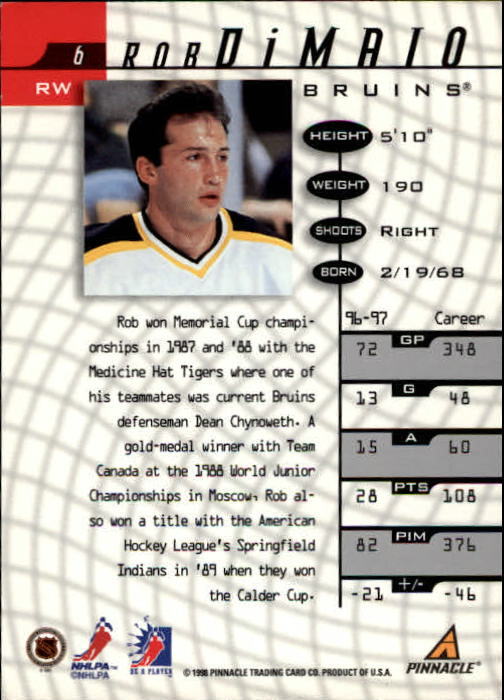 1997-98 Be A Player Boston Bruins Hockey Card #6 Rob DiMaio | eBay