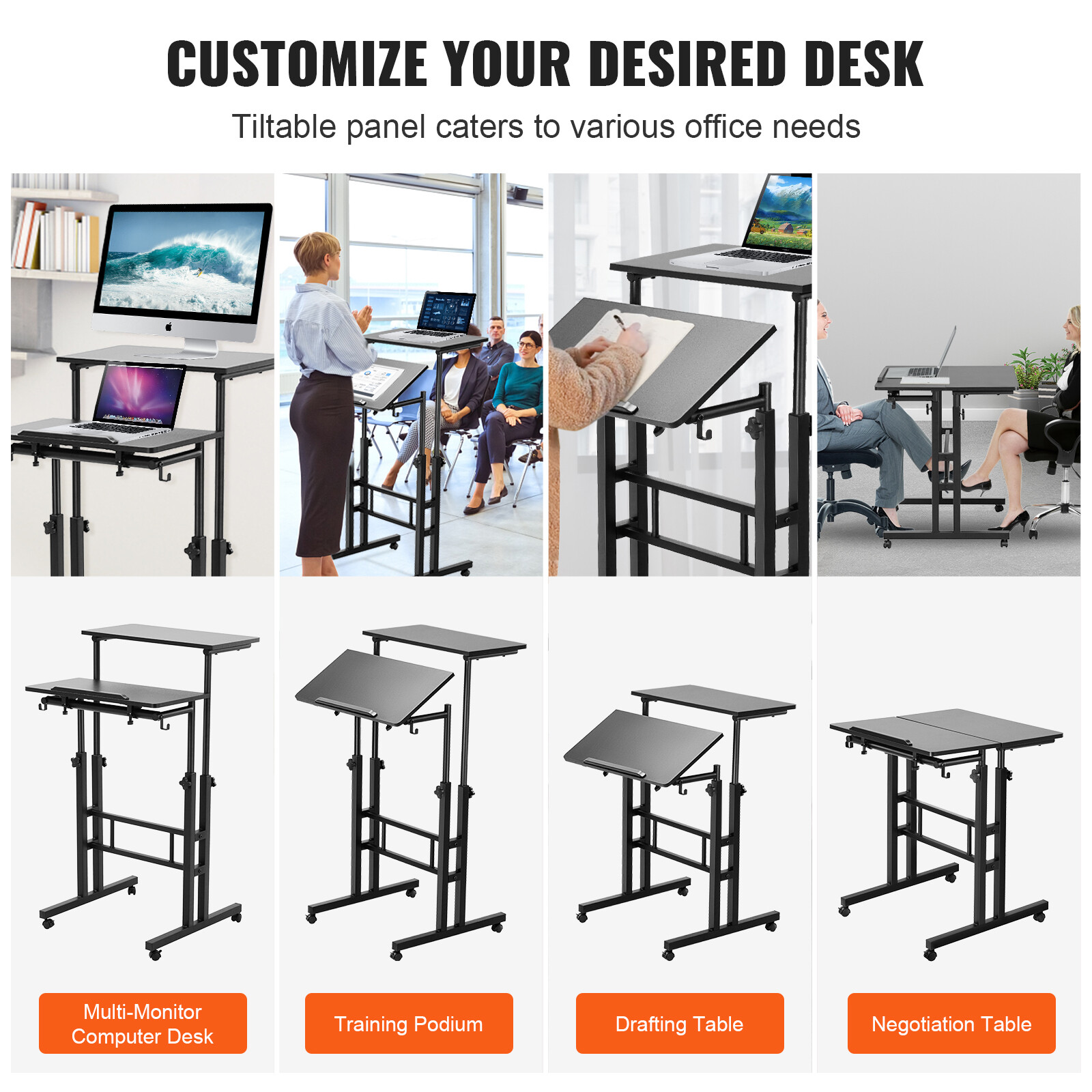 VEVOR Mobile Standing Desk 26.4"-44.9" Height Adjustable 0-45° Tiltable ...