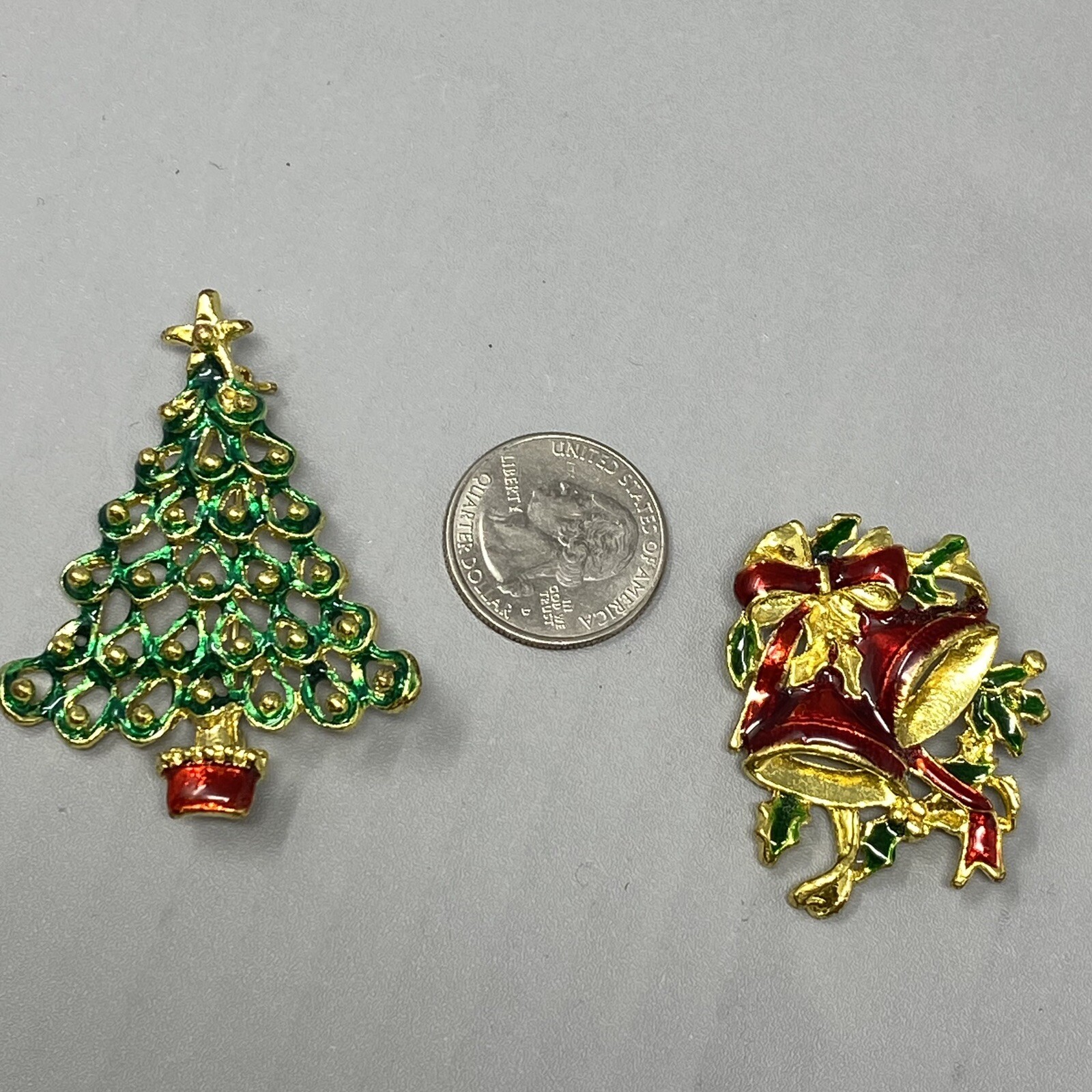 Pair of 2 Christmas Brooches Tree & Bells Green Red Enamel Gold Tone ...