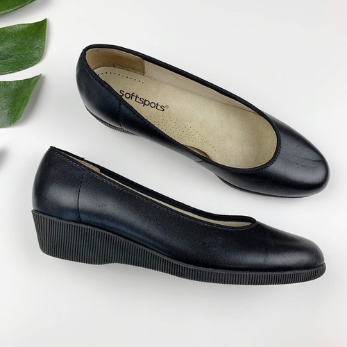 SoftSpots Loafers Women's 7.5 Slip On Wedge Heels Black Leather Comfort ...