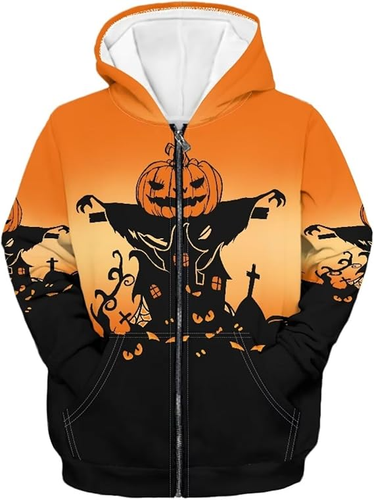 Halloween Pumpkin Scarecrow Zip Hoodie, Haunted House Jacket, Unisex ...