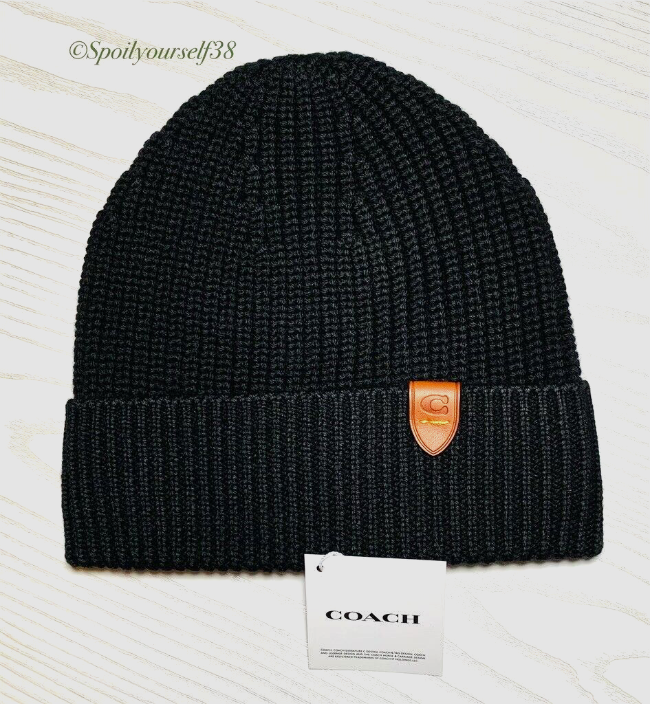 COACH+Men%27s+OS+Black+Rib+Knit+Merino+Wool+BEANIE+Hat for sale online ...