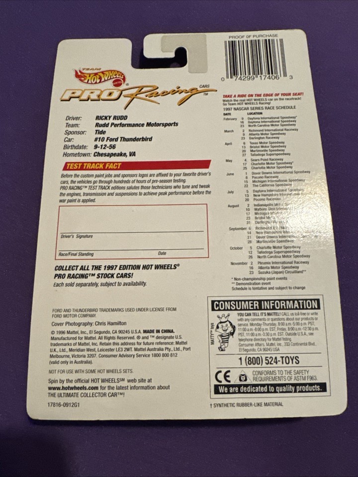 Ricky Rudd's # 10 TIDE CAR TEST TRACK HOT WHEELS 1998 PRO RACING | eBay