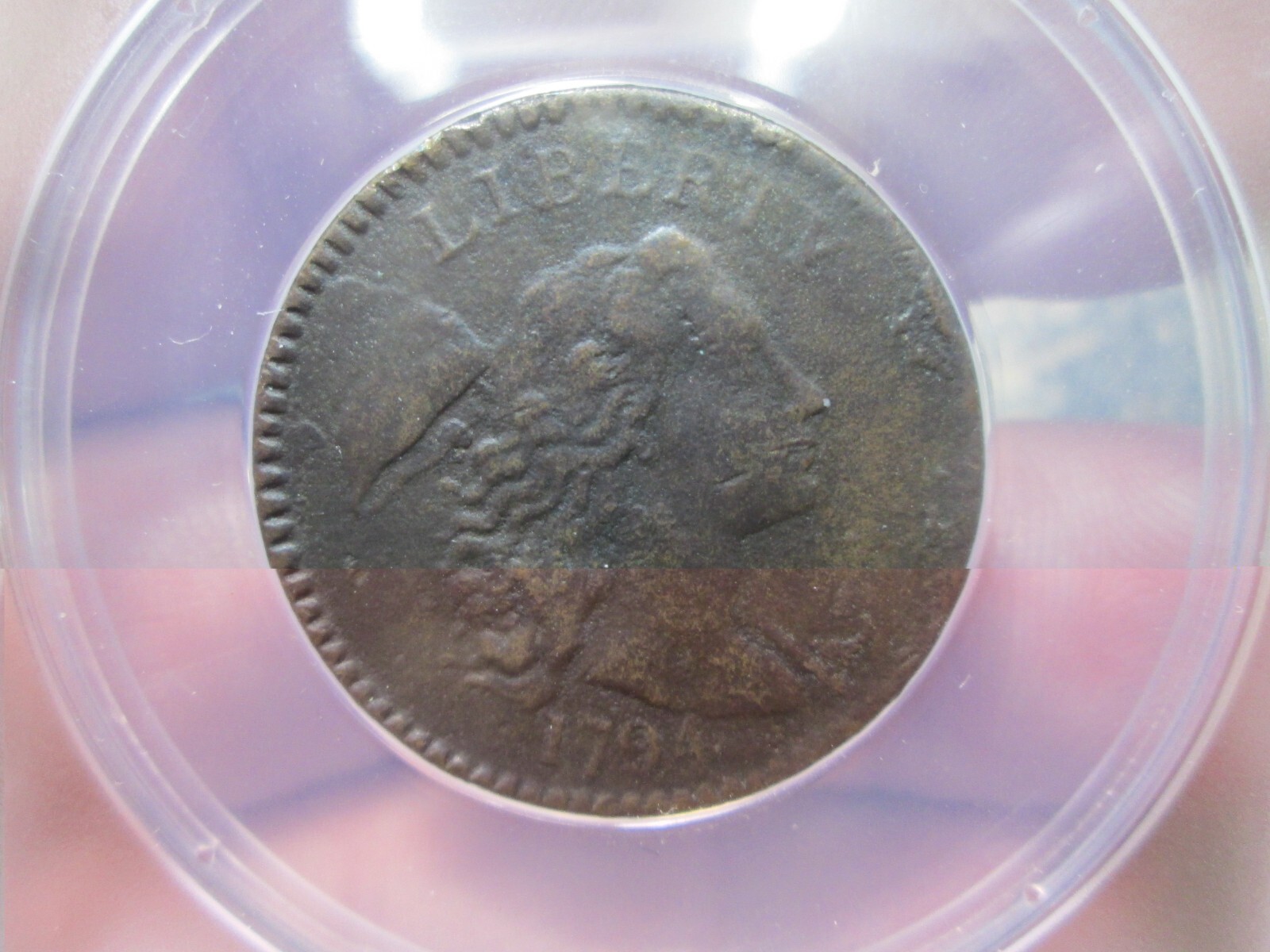 1794 BUST FLOWING HAIR LARGE CENT IN ANACS VERY FINE CONDITION CORRODED ...
