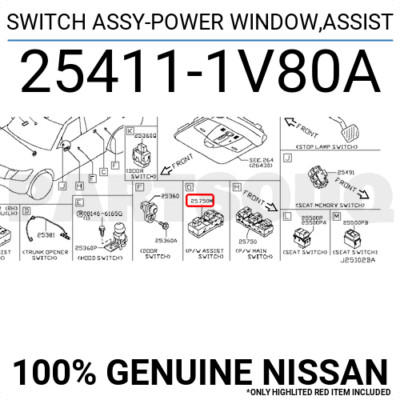 254111V80A Genuine Nissan SWITCH ASSY-POWER WINDOW,ASSIST 25411-1V80A ...