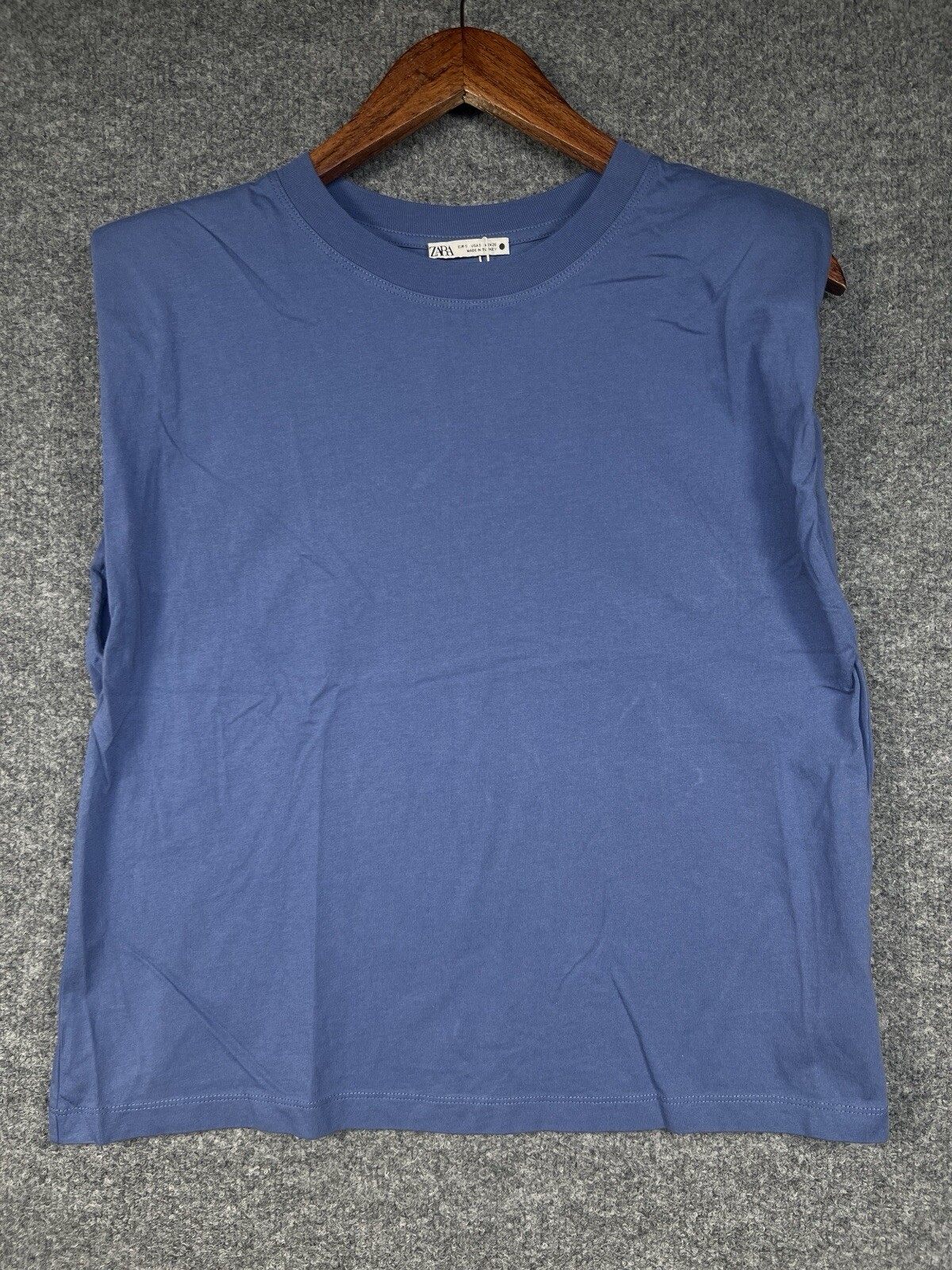 Zara Sleeveless Shirt Women’s Small Blue Shoulder Pads Soft Cotton Cute NEW